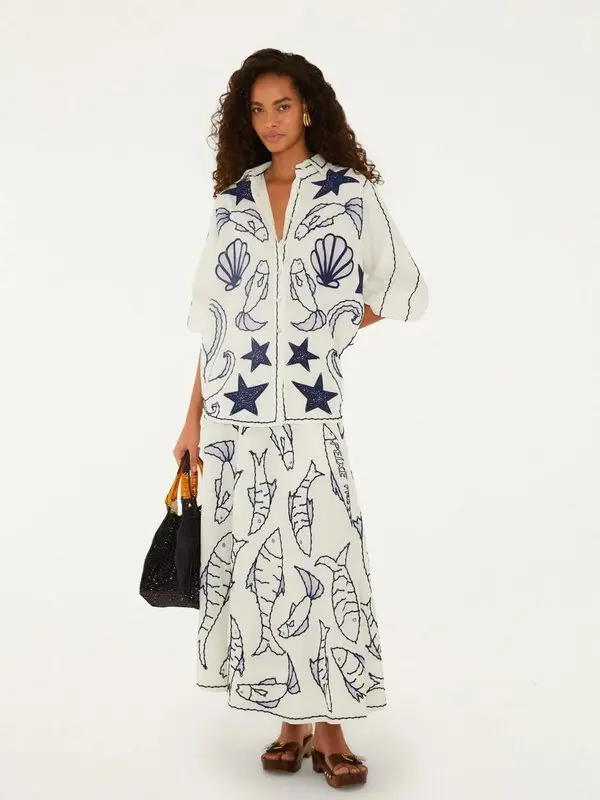 Farm Rio Puff-sleeved Embroidered Linen-viscose Shirt