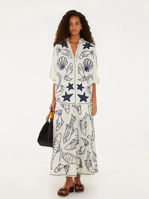 Farm Rio Embroidered Linen-blend Midi Skirt - Bianco