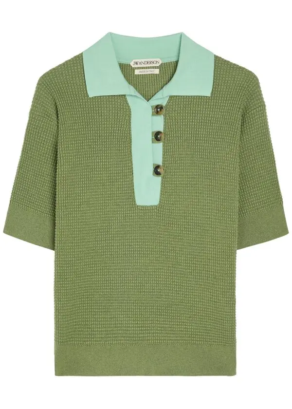 JW Anderson Waffle-knit Cotton-blend Polo Shirt - Green