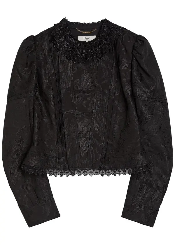 Chloé Floral-jacquard Lace-trim Woven Jacket - Black