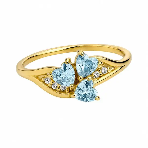 BELINDA JEWELZ Gold / Blue Aquamarine Triple Heart Cluster Birthstone Ring - Gold/blue
