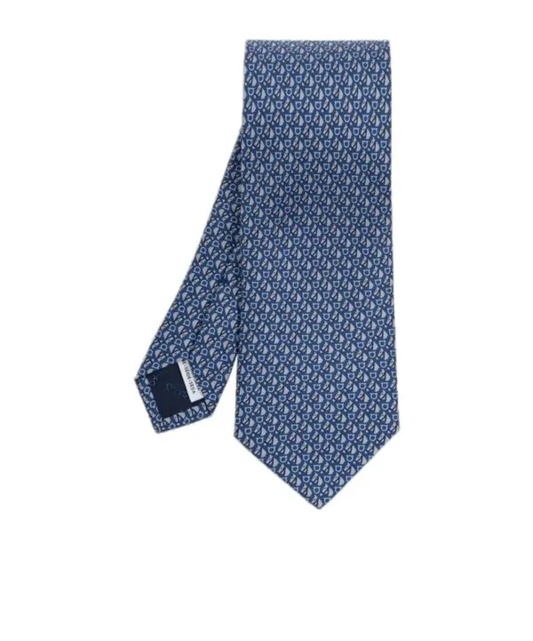 FERRAGAMO Logo Pattern Neck Tie - Navy Blue