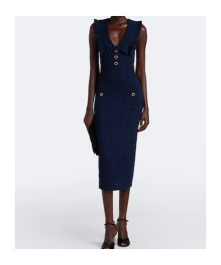 Alessandra Rich Knitted Virgin Wool Midi Dress With Ruffled Collar - Blue