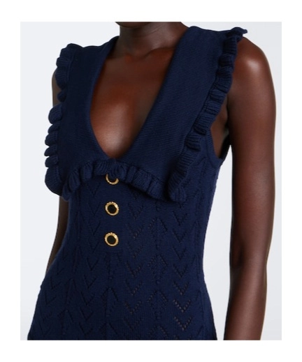 Alessandra Rich Knitted Virgin Wool Midi Dress With Ruffled Collar - Blue