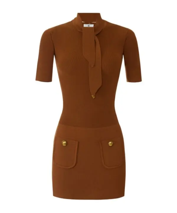 Elisabetta Franchi Ribbed Knit Mini Dress With Tie Neck Detail - Cigar