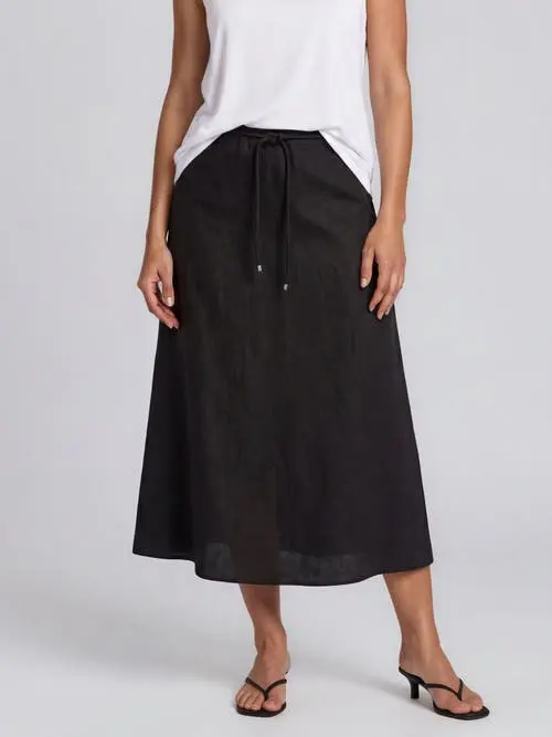 MASAI COPENHAGEN Linen Maxi Skirt With Elasticated Waist And Tie Detail - Black