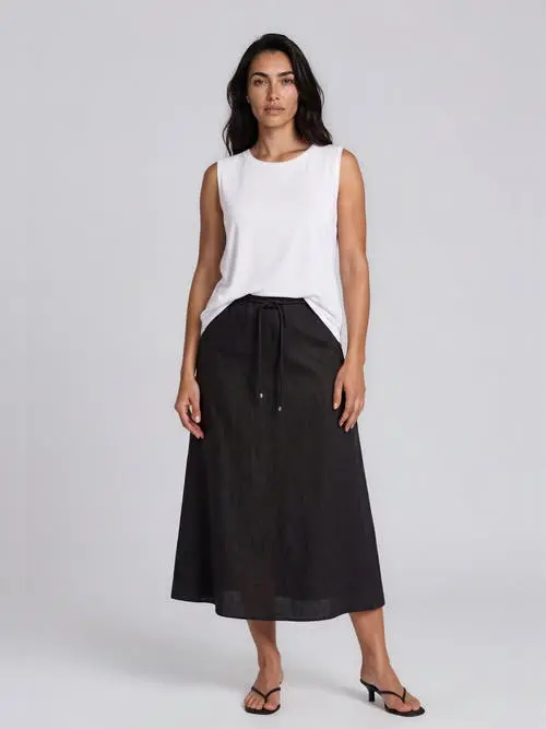 MASAI COPENHAGEN Linen Maxi Skirt With Elasticated Waist And Tie Detail - Black