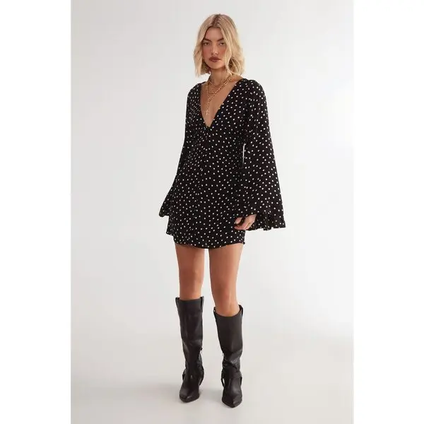 Nasty Gal Button-down Flared Mini Dress With Plunge Neckline And Bell Sleeves - Mono