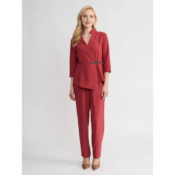 Misook Buckle Detail Crepe Wrap Blouse - Russet