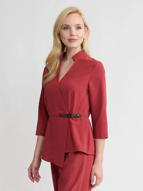 Misook Buckle Detail Crepe Wrap Blouse