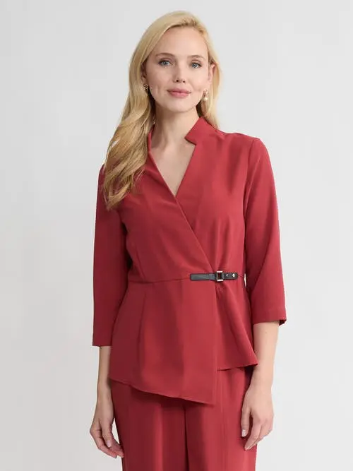 Misook Buckle Detail Crepe Wrap Blouse