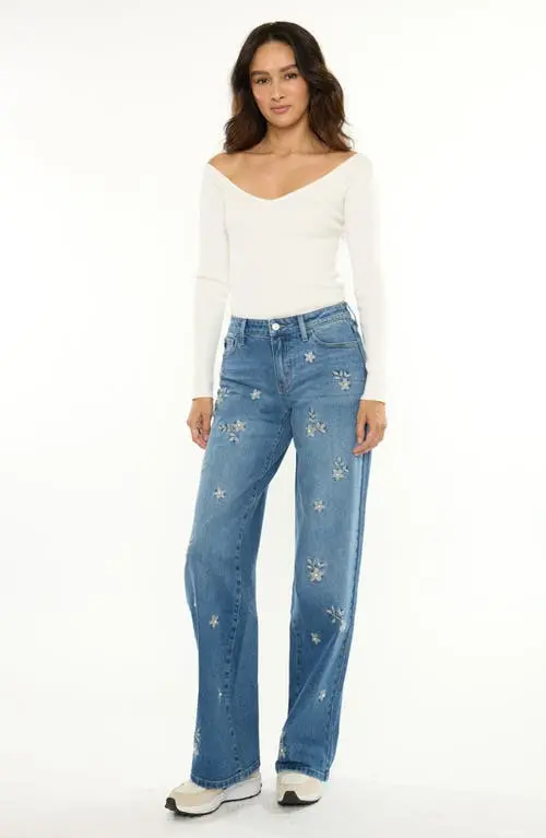 KANCAN Kimberly Mid Rise Wide Leg Jeans With Floral Embroidery