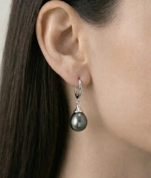 The Pearl Source Silver Tahitian South Sea Teardrop Pearl Leverback Earrings
