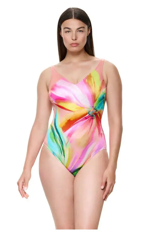 GOTTEX Floral Rhythm V-neck One-piece Swimsuit - Pink-multi