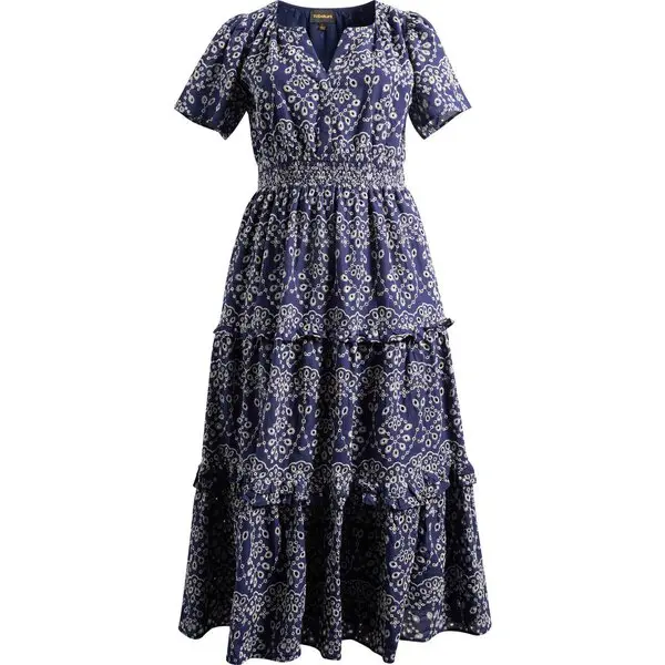 SUGARLIPS Viridiana Tiered Floral Eyelet Maxi Dress - Denim Blue