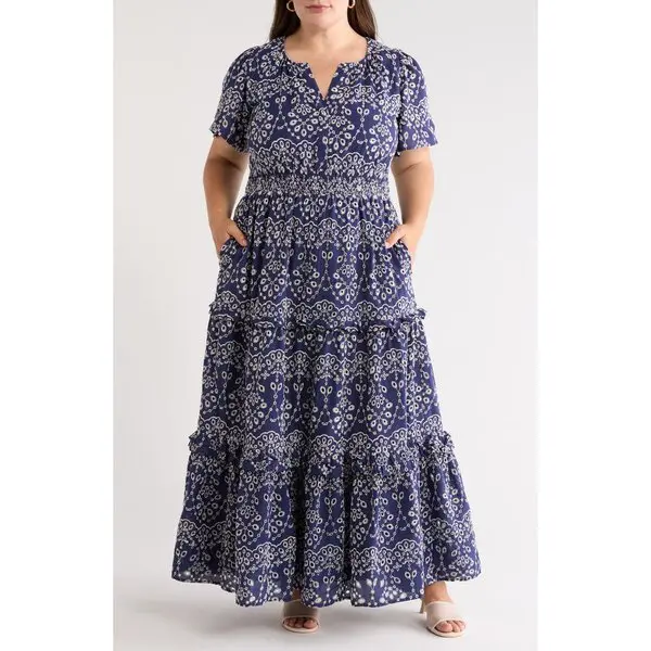 SUGARLIPS Viridiana Tiered Floral Eyelet Maxi Dress - Denim Blue