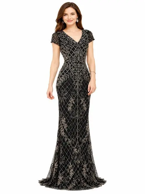 LARA NEW YORK Beaded Cap Sleeve Mermaid Gown - Black