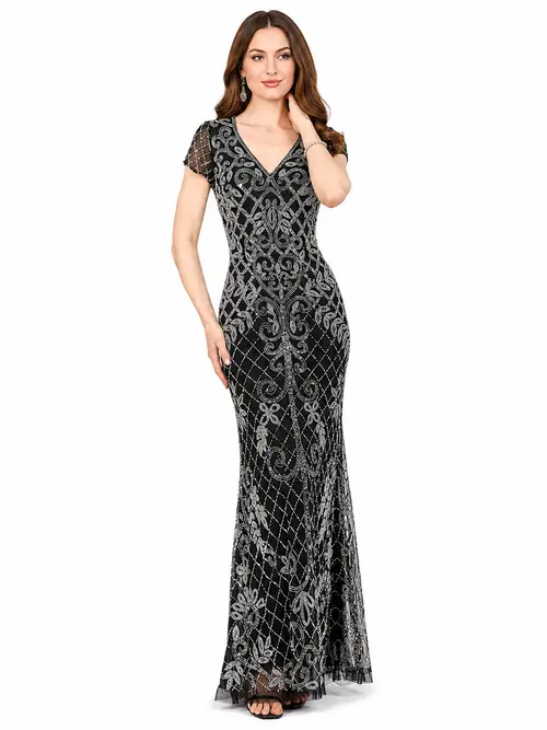 LARA NEW YORK Beaded Cap Sleeve Mermaid Gown - Black