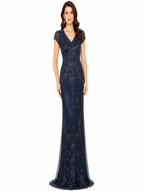 LARA NEW YORK Beaded Cap Sleeve Mermaid Gown - Navy