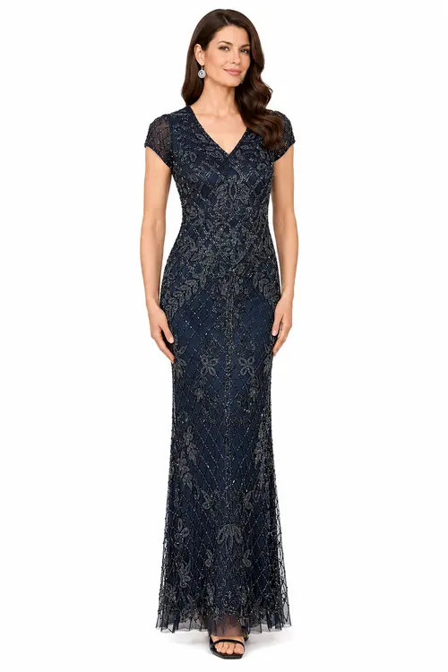 LARA NEW YORK Beaded Cap Sleeve Mermaid Gown - Navy