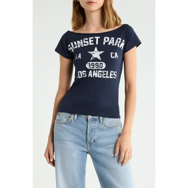 PACSUN Sunset Park Off-the-shoulder T-shirt - Navy