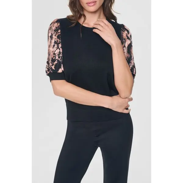 Dkny Print Twist Sleeve Mixed Media Sweater - Black/abstract