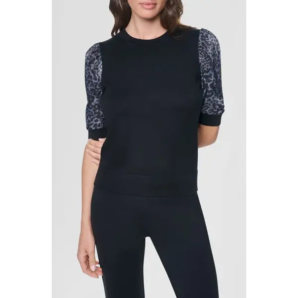 Dkny Print Twist Sleeve Mixed Media Sweater - Black/moonlight