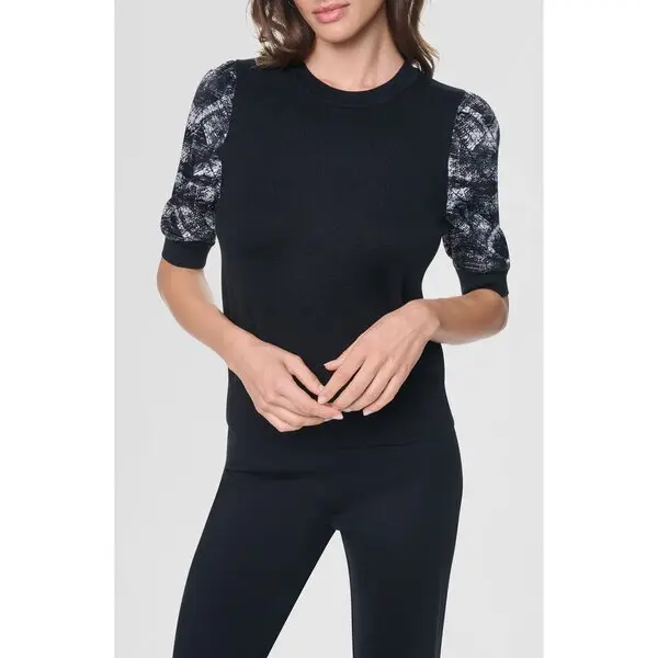 Dkny Print Twist Sleeve Mixed Media Sweater - Black/refracted