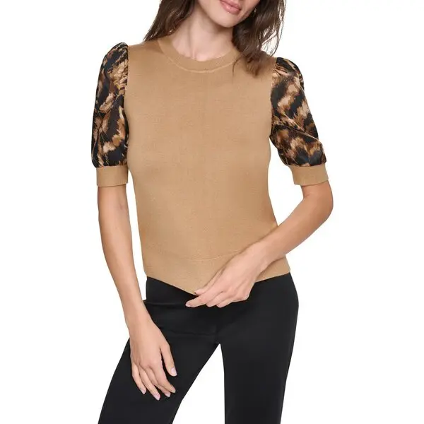 Dkny Print Twist Sleeve Mixed Media Sweater - Truffle