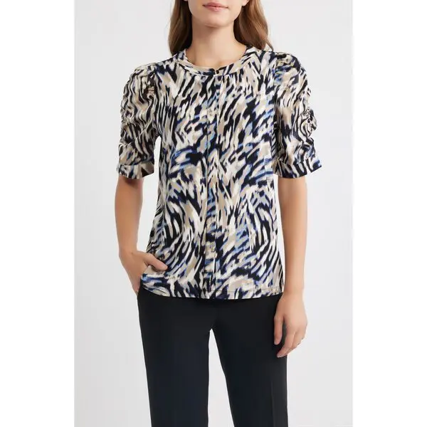 Anne Klein Print Puff Sleeve Jersey Top - Dutch Blue Multi