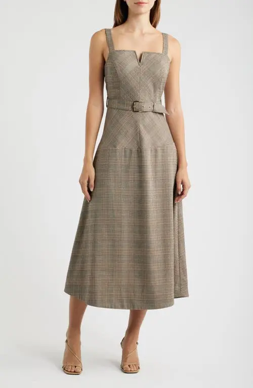 ZOE AND CLAIRE Sleeveless Plaid Belted Midi Dress - Beige