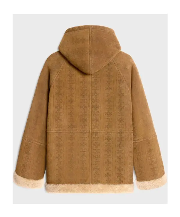 Celine Hooded Parka In Triomphe Curly Lambskin