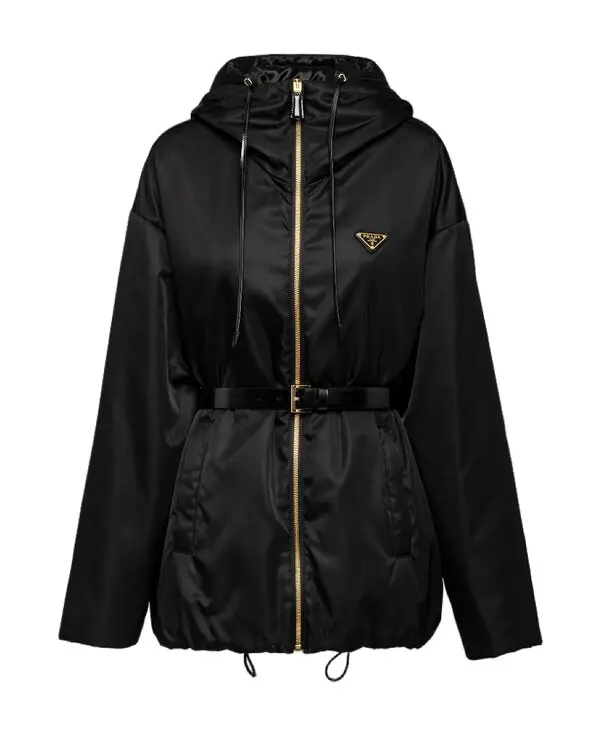Prada Re-nylon Belted Hooded Jacket - Black