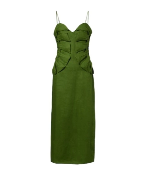 Farm Rio Monstera Linen Sweetheart Neckline Midi Dress - Green