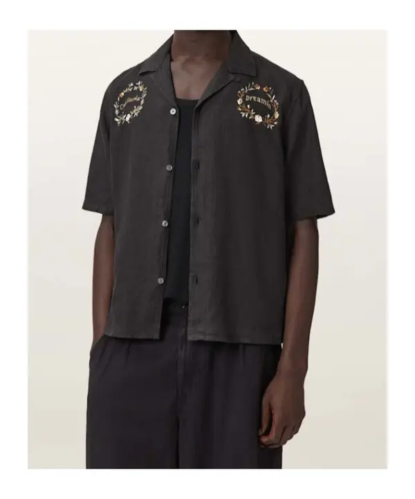 ALLSAINTS Klavicle Short Sleeve Linen Embroidered Shirt - Jet Black