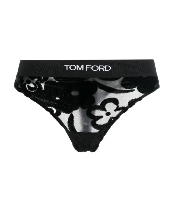 TOM FORD Floral-print Logo-waist Thong - Black