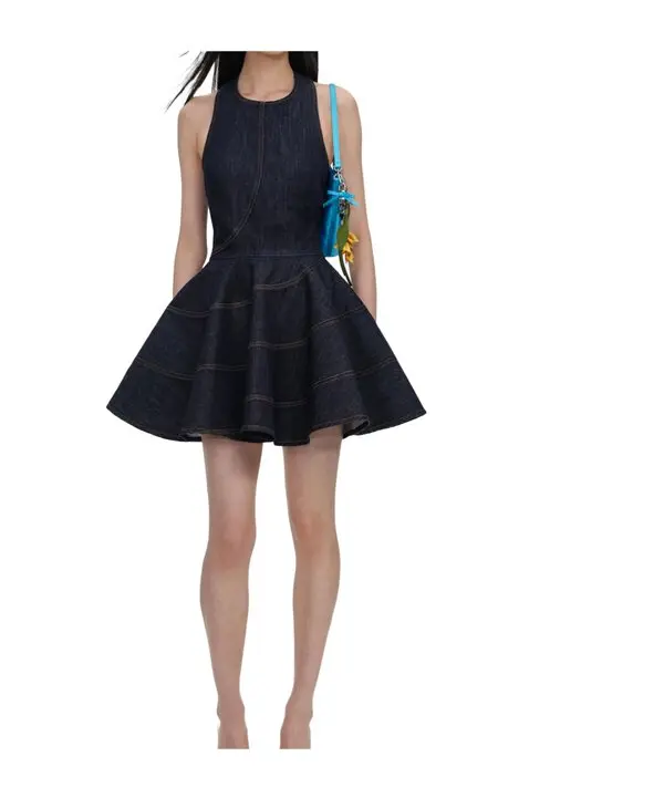 SELF-PORTRAIT Indigo Denim Halterneck Mini Dress - Blue