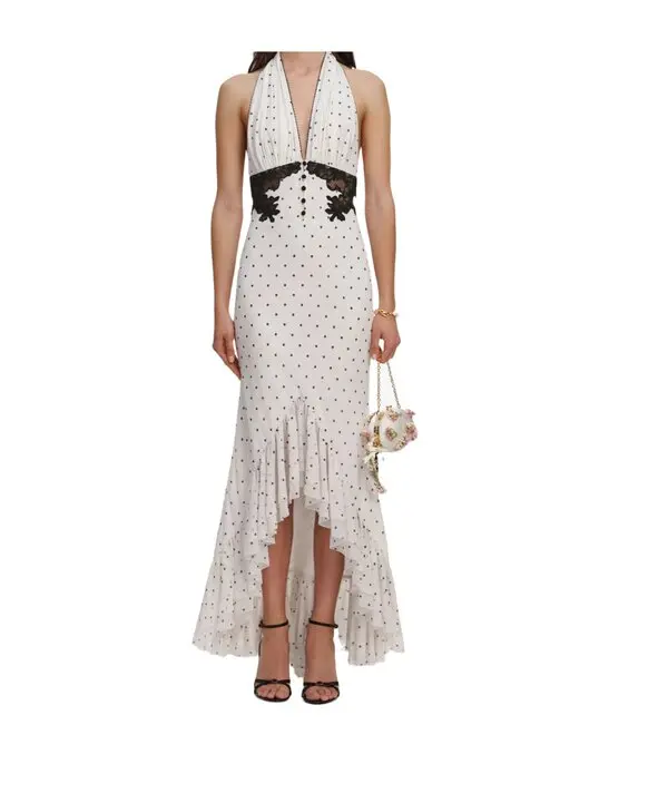 SELF-PORTRAIT Polka Dot Halter Neck Midi Dress - White
