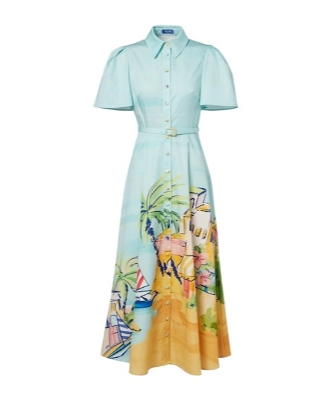 LEO Printed Belted Cotton Shirt Dress - Blue