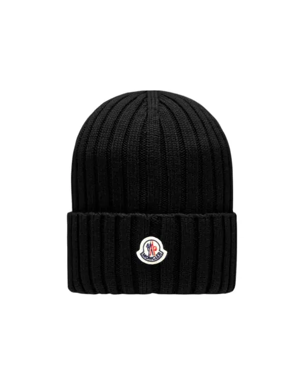 Moncler Logo Patch Knitted Beanie - Black