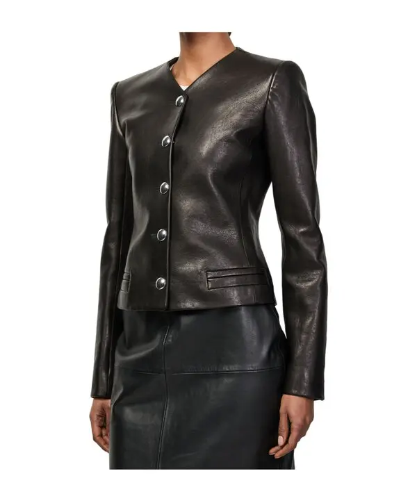 Khaite Collarless Motorcycle Leather Jacket
