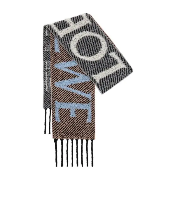 Loewe Logo Jacquard Fringed Edge Scarf - Light Blue/white