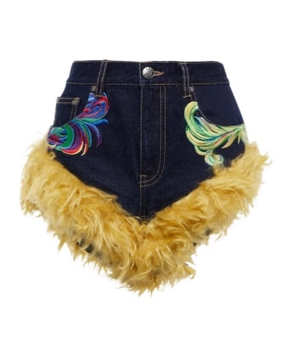 AREA Mohair Fur-trimmed Embroidered Shorts - Black