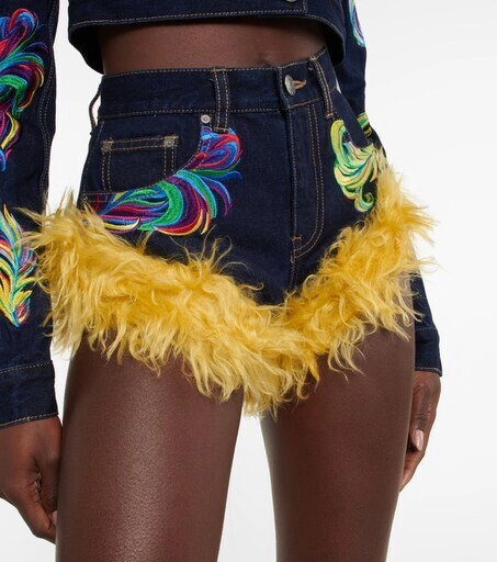 AREA Mohair Fur-trimmed Embroidered Shorts