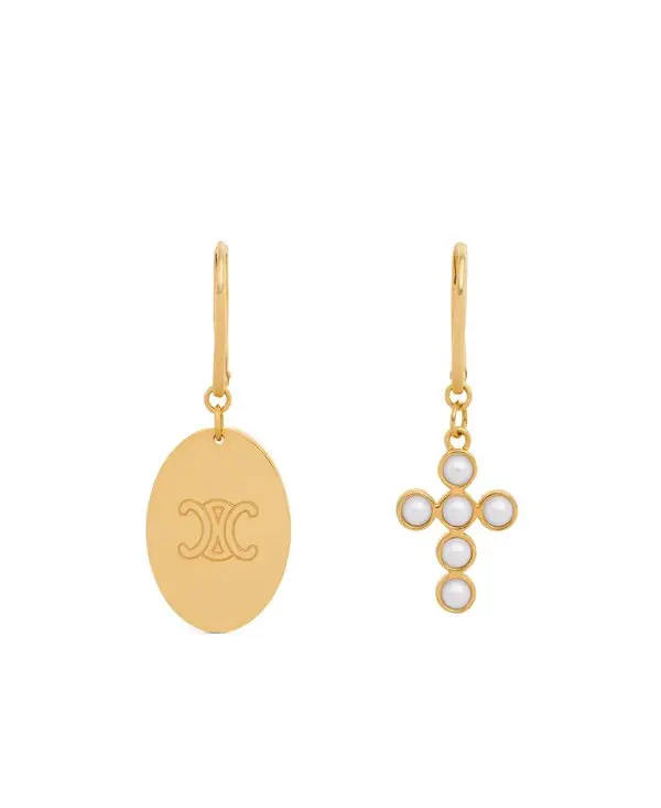 Celine Triomphe Folk Earrings In Brass With Gold Finish And Resin Pearl - Yellow
