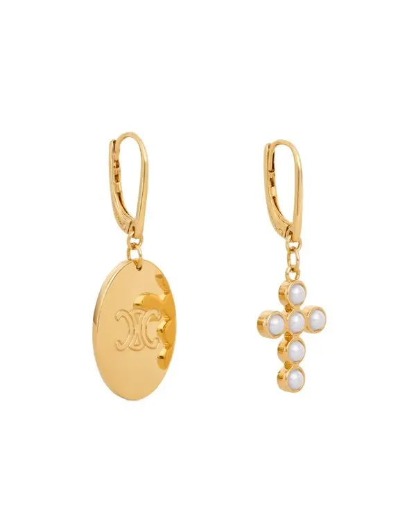 Celine Triomphe Folk Earrings In Brass With Gold Finish And Resin Pearl