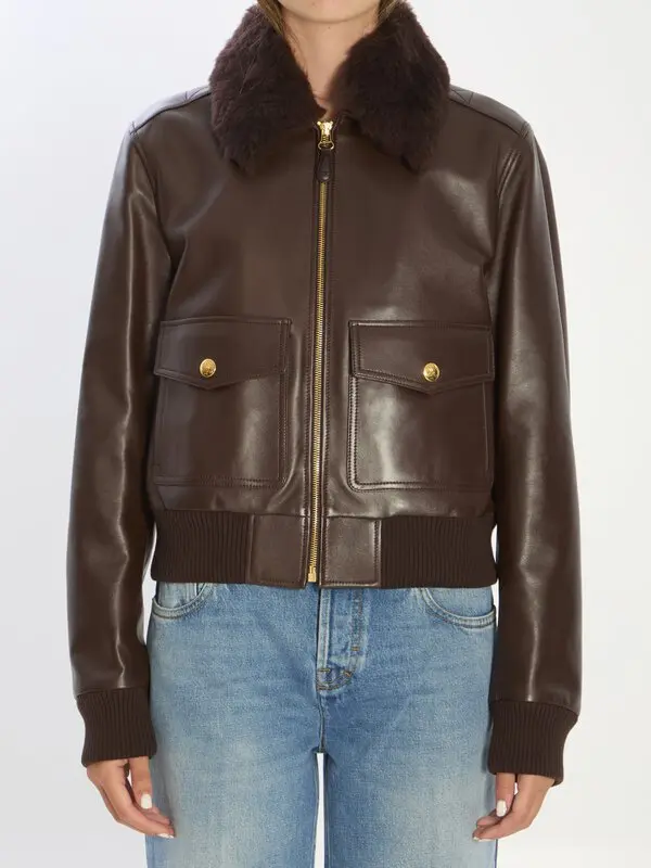 Celine Aviator Blouson Jacket In Calfskin With Fur Collar