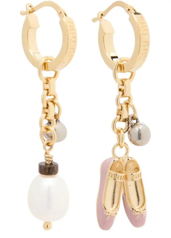 Miu Miu Gold Finish Hoop Earrings With Pearl And Ballet Slipper Charms