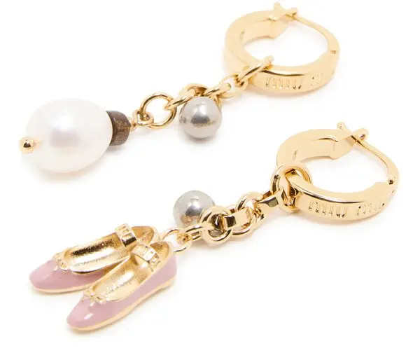 Miu Miu Gold Finish Hoop Earrings With Pearl And Ballet Slipper Charms