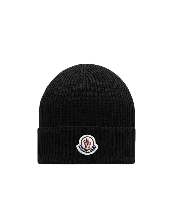 Moncler Logo Patch Knitted Beanie - Black